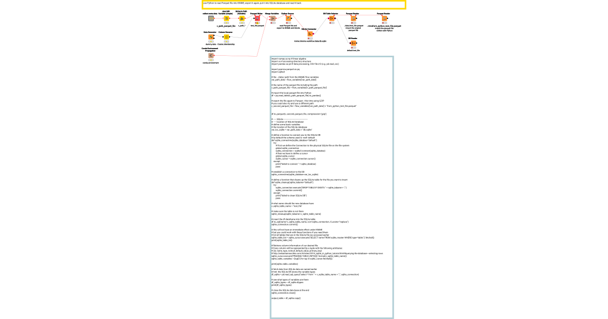 use Python to read Parquet file into KNIME, export it again, put it into SQLite database and ...